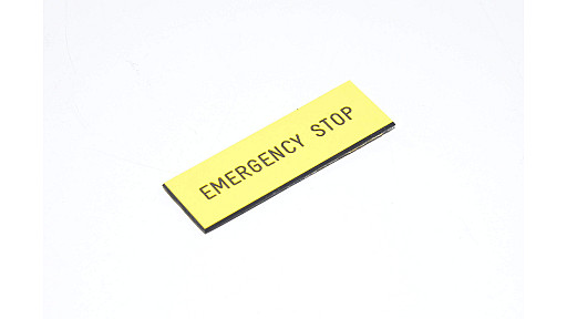 Legend plate, yellow, 60,5x20mm rectangular, "EMERGENCY STOP"