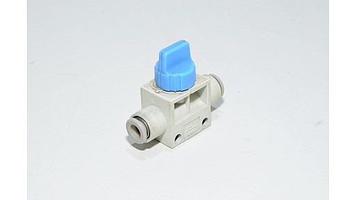 SMC VHK3-06F-06F inline type 3-port finger valve with 6mm quick connections and blue cap