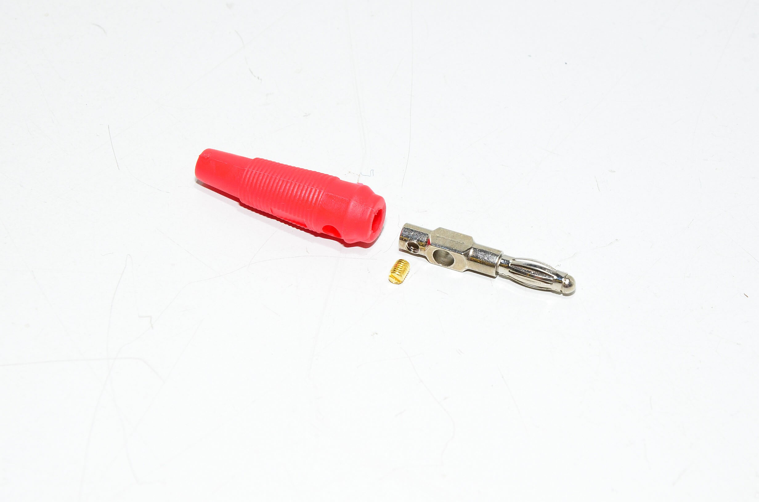 4mm red male banana plug, straight, solder/screw type, spliceable *new*