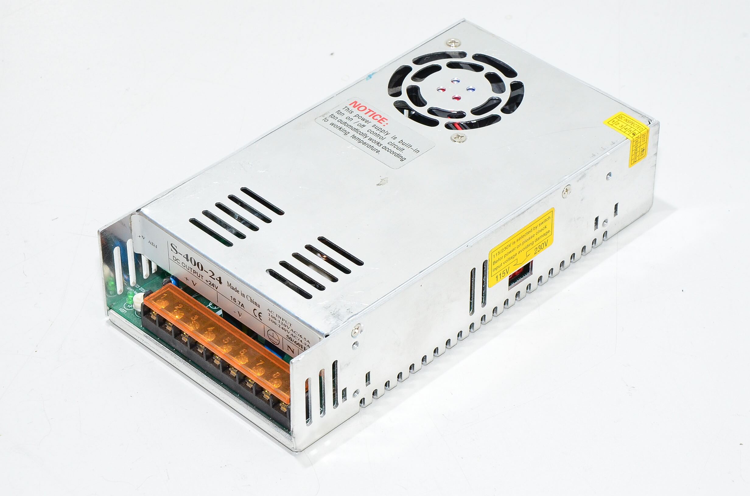24VDC 16.7A 400W output, 100-120VAC/200-240VAC 6.5-4A input S-400-24 switching mode power supply