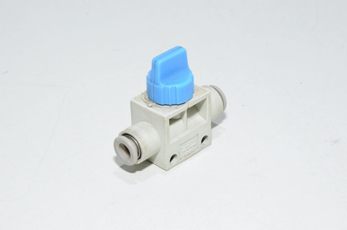 SMC VHK3-06F-06F inline type 3-port finger valve with 6mm quick connections and blue cap