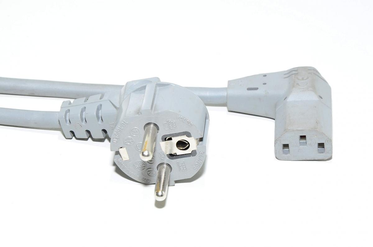 Power cable, CEE 7/7 angled male (Schuko), C13 angled female, gray
